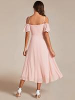 China Empire Off-shoulder Spaghetti Strap Zipper High-low Wedding Guest Dresses Short Sleeves Pink Chiffon Bridesmaid Dress for sale