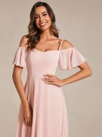 China Empire Off-shoulder Spaghetti Strap Zipper High-low Wedding Guest Dresses Short Sleeves Pink Chiffon Bridesmaid Dress for sale