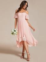 China Empire Off-shoulder Spaghetti Strap Zipper High-low Wedding Guest Dresses Short Sleeves Pink Chiffon Bridesmaid Dress for sale