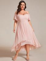 China Empire Off-shoulder Spaghetti Strap Zipper High-low Wedding Guest Dresses Short Sleeves Pink Chiffon Bridesmaid Dress for sale