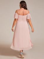 China Empire Off-shoulder Spaghetti Strap Zipper High-low Wedding Guest Dresses Short Sleeves Pink Chiffon Bridesmaid Dress for sale