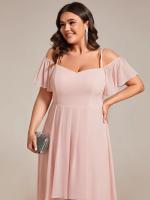 China Empire Off-shoulder Spaghetti Strap Zipper High-low Wedding Guest Dresses Short Sleeves Pink Chiffon Bridesmaid Dress for sale