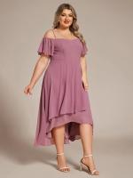 China Empire Off-shoulder Spaghetti Strap Zipper High-low Wedding Guest Dresses Short Sleeves Burgundy Chiffon Evening Dress for sale
