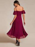 China Empire Off-shoulder Spaghetti Strap Zipper High-low Wedding Guest Dresses Short Sleeves Burgundy Chiffon Evening Dress for sale