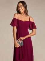 China Empire Off-shoulder Spaghetti Strap Zipper High-low Wedding Guest Dresses Short Sleeves Burgundy Chiffon Evening Dress for sale