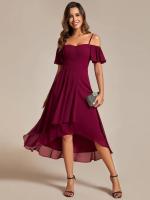 China Empire Off-shoulder Spaghetti Strap Zipper High-low Wedding Guest Dresses Short Sleeves Burgundy Chiffon Evening Dress for sale