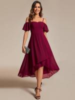 China Empire Off-shoulder Spaghetti Strap Zipper High-low Wedding Guest Dresses Short Sleeves Burgundy Chiffon Evening Dress for sale