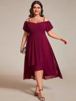 China Empire Off-shoulder Spaghetti Strap Zipper High-low Wedding Guest Dresses Short Sleeves Burgundy Chiffon Evening Dress for sale