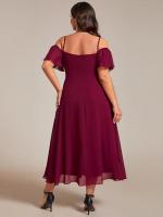 China Empire Off-shoulder Spaghetti Strap Zipper High-low Wedding Guest Dresses Short Sleeves Burgundy Chiffon Evening Dress for sale