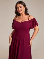 China Empire Off-shoulder Spaghetti Strap Zipper High-low Wedding Guest Dresses Short Sleeves Burgundy Chiffon Evening Dress for sale