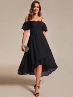 China Empire Off-shoulder Spaghetti Strap Zipper High-low Wedding Guest Dresses Short Sleeves Black Chiffon Prom Dress for sale