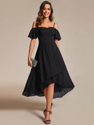 China Empire Off-shoulder Spaghetti Strap Zipper High-low Wedding Guest Dresses Short Sleeves Black Chiffon Prom Dress for sale