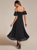 China Empire Off-shoulder Spaghetti Strap Zipper High-low Wedding Guest Dresses Short Sleeves Black Chiffon Prom Dress for sale