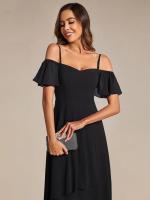 China Empire Off-shoulder Spaghetti Strap Zipper High-low Wedding Guest Dresses Short Sleeves Black Chiffon Prom Dress for sale