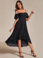 China Empire Off-shoulder Spaghetti Strap Zipper High-low Wedding Guest Dresses Short Sleeves Black Chiffon Prom Dress for sale