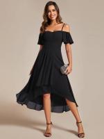 China Empire Off-shoulder Spaghetti Strap Zipper High-low Wedding Guest Dresses Short Sleeves Black Chiffon Prom Dress for sale
