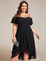 China Empire Off-shoulder Spaghetti Strap Zipper High-low Wedding Guest Dresses Short Sleeves Black Chiffon Prom Dress for sale