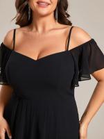 China Empire Off-shoulder Spaghetti Strap Zipper High-low Wedding Guest Dresses Short Sleeves Black Chiffon Prom Dress for sale