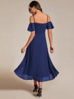 China Empire Off-shoulder Spaghetti Strap Zipper High-low Wedding Guest Dresses Short Sleeves Navy Blue Chiffon Party Dress for sale