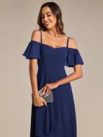 China Empire Off-shoulder Spaghetti Strap Zipper High-low Wedding Guest Dresses Short Sleeves Navy Blue Chiffon Party Dress for sale