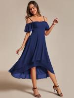 China Empire Off-shoulder Spaghetti Strap Zipper High-low Wedding Guest Dresses Short Sleeves Navy Blue Chiffon Party Dress for sale