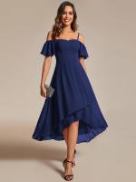 China Empire Off-shoulder Spaghetti Strap Zipper High-low Wedding Guest Dresses Short Sleeves Navy Blue Chiffon Party Dress for sale
