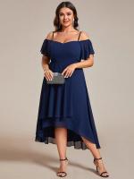 China Empire Off-shoulder Spaghetti Strap Zipper High-low Wedding Guest Dresses Short Sleeves Navy Blue Chiffon Party Dress for sale