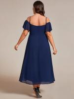 China Empire Off-shoulder Spaghetti Strap Zipper High-low Wedding Guest Dresses Short Sleeves Navy Blue Chiffon Party Dress for sale