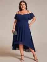 China Empire Off-shoulder Spaghetti Strap Zipper High-low Wedding Guest Dresses Short Sleeves Navy Blue Chiffon Party Dress for sale