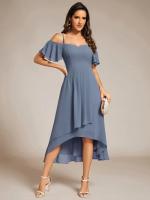 China Empire Off-shoulder Spaghetti Strap Zipper High-low Wedding Guest Dresses Short Sleeves Mint Green Chiffon Graduation Dr for sale