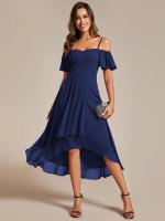 China Empire Off-shoulder Spaghetti Strap Zipper High-low Wedding Guest Dresses Short Sleeves Mint Green Chiffon Graduation Dr for sale