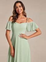 China Empire Off-shoulder Spaghetti Strap Zipper High-low Wedding Guest Dresses Short Sleeves Mint Green Chiffon Graduation Dr for sale
