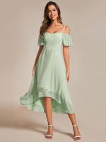 China Empire Off-shoulder Spaghetti Strap Zipper High-low Wedding Guest Dresses Short Sleeves Mint Green Chiffon Graduation Dr for sale