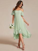 China Empire Off-shoulder Spaghetti Strap Zipper High-low Wedding Guest Dresses Short Sleeves Mint Green Chiffon Graduation Dr for sale