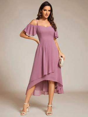 China Empire Off-shoulder Spaghetti Strap Zipper High-low Wedding Guest Short Sleeves Purple Orchid Chiffon Homecoming Dress for sale