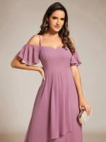 China Empire Off-shoulder Spaghetti Strap Zipper High-low Wedding Guest Short Sleeves Purple Orchid Chiffon Homecoming Dress for sale