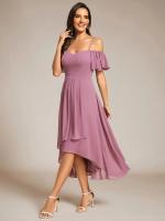 China Empire Off-shoulder Spaghetti Strap Zipper High-low Wedding Guest Short Sleeves Purple Orchid Chiffon Homecoming Dress for sale