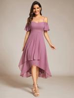 China Empire Off-shoulder Spaghetti Strap Zipper High-low Wedding Guest Short Sleeves Purple Orchid Chiffon Homecoming Dress for sale