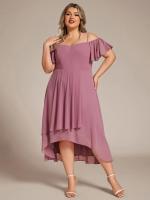 China Empire Off-shoulder Spaghetti Strap Zipper High-low Wedding Guest Short Sleeves Purple Orchid Chiffon Homecoming Dress for sale