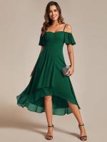 China Empire Off-shoulder Spaghetti Strap Zipper High-low Wedding Guest Dresses Short Sleeves Dusty Navy Chiffon Evening Dress for sale