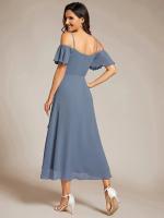 China Empire Off-shoulder Spaghetti Strap Zipper High-low Wedding Guest Dresses Short Sleeves Dusty Navy Chiffon Evening Dress for sale