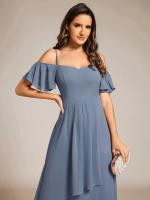 China Empire Off-shoulder Spaghetti Strap Zipper High-low Wedding Guest Dresses Short Sleeves Dusty Navy Chiffon Evening Dress for sale