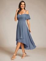 China Empire Off-shoulder Spaghetti Strap Zipper High-low Wedding Guest Dresses Short Sleeves Dusty Navy Chiffon Evening Dress for sale