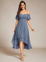 China Empire Off-shoulder Spaghetti Strap Zipper High-low Wedding Guest Dresses Short Sleeves Dusty Navy Chiffon Evening Dress for sale
