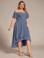 China Empire Off-shoulder Spaghetti Strap Zipper High-low Wedding Guest Dresses Short Sleeves Dusty Navy Chiffon Evening Dress for sale