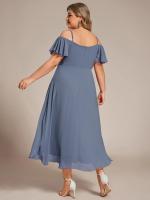 China Empire Off-shoulder Spaghetti Strap Zipper High-low Wedding Guest Dresses Short Sleeves Dusty Navy Chiffon Evening Dress for sale