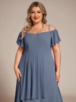 China Empire Off-shoulder Spaghetti Strap Zipper High-low Wedding Guest Dresses Short Sleeves Dusty Navy Chiffon Evening Dress for sale
