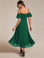 China Empire Off-shoulder Spaghetti Strap Zipper High-low Wedding Guest Short Sleeves Dark Green Chiffon Homecoming Dress for sale