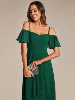 China Empire Off-shoulder Spaghetti Strap Zipper High-low Wedding Guest Short Sleeves Dark Green Chiffon Homecoming Dress for sale