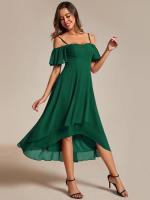 China Empire Off-shoulder Spaghetti Strap Zipper High-low Wedding Guest Short Sleeves Dark Green Chiffon Homecoming Dress for sale